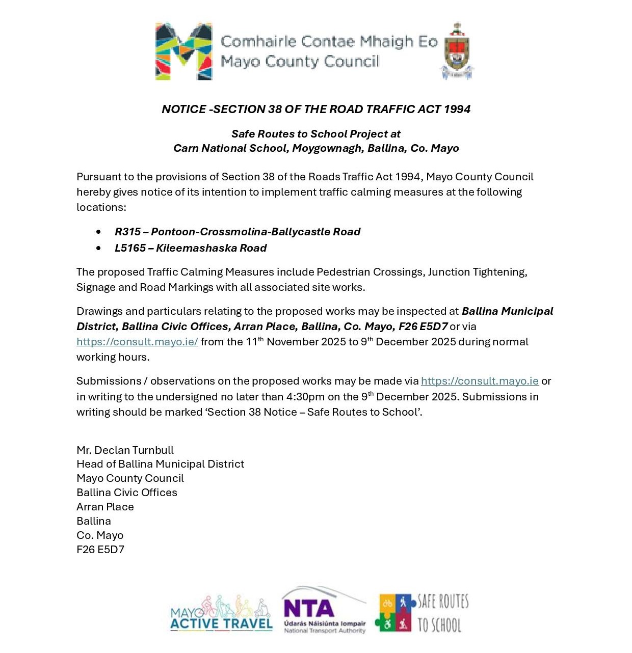 Section 38 Notice Road Traffic Act, 1994: Safe Routes to School Project ...