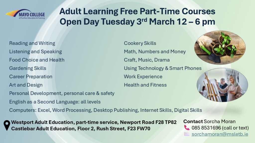 Open Day: Adult Learning Part-time Courses - Mayo PPN